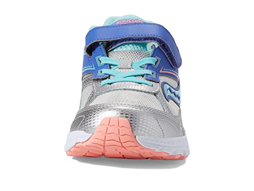 Saucony Cohesion 14 Alternative Closure Running Shoe, Silver/Periwinkle/Turq, 2 US Unisex Big Kid