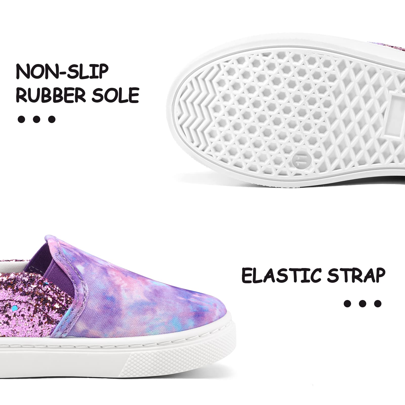 K KomForme Toddler Sneakers for Girls Boys Slip On Canvas Walking Shoes, Size 2 Big Kid, Purple Glitter