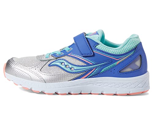 Saucony Cohesion 14 Alternative Closure Running Shoe, Silver/Periwinkle/Turq, 2 US Unisex Big Kid