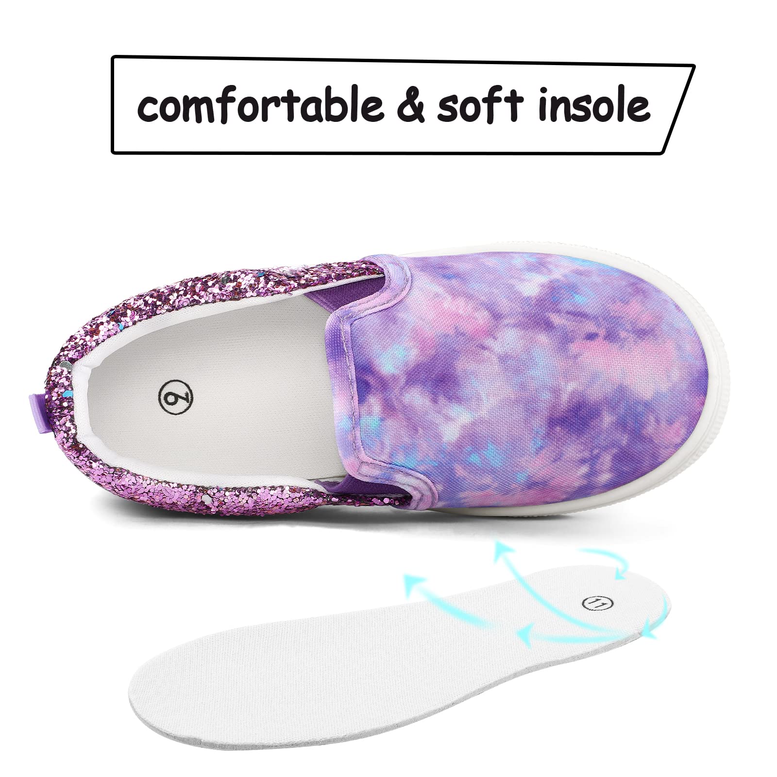 K KomForme Toddler Sneakers for Girls Boys Slip On Canvas Walking Shoes, Size 2 Big Kid, Purple Glitter