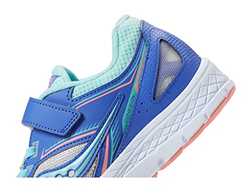 Saucony Cohesion 14 Alternative Closure Running Shoe, Silver/Periwinkle/Turq, 2 US Unisex Big Kid