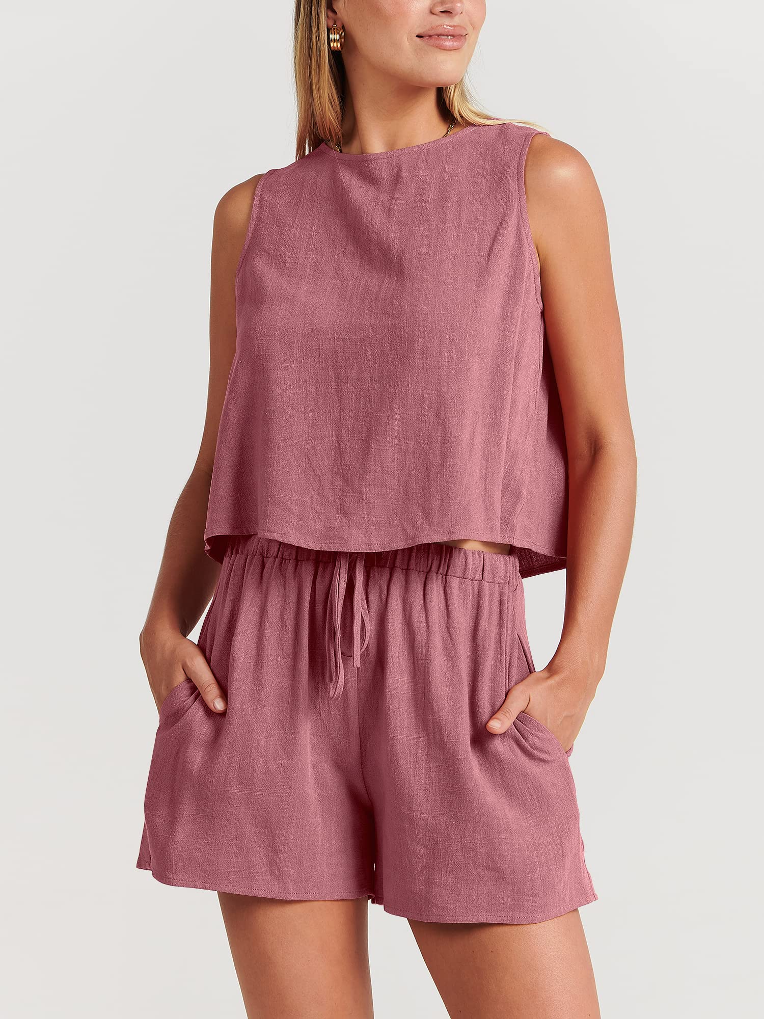 ANRABESS Women’s Summer 2PC Outfits Shorts Sets Sleeveless Crop Top Romper Lounge Matching Set Workout Tracksuit Set Beach Vacation Boho Clothes 806shenfen-L, Pink