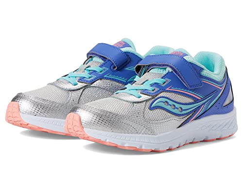 Saucony Cohesion 14 Alternative Closure Running Shoe, Silver/Periwinkle/Turq, 2 US Unisex Big Kid