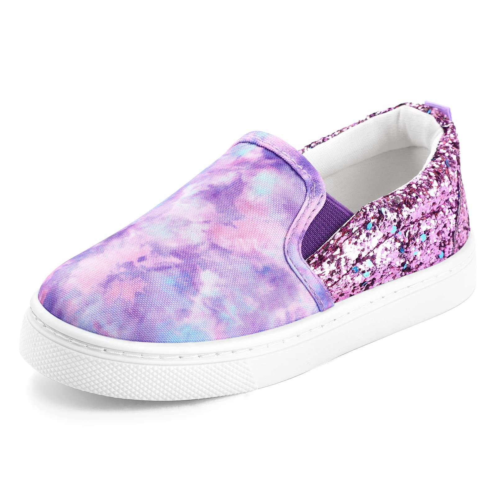 K KomForme Toddler Sneakers for Girls Boys Slip On Canvas Walking Shoes, Size 2 Big Kid, Purple Glitter