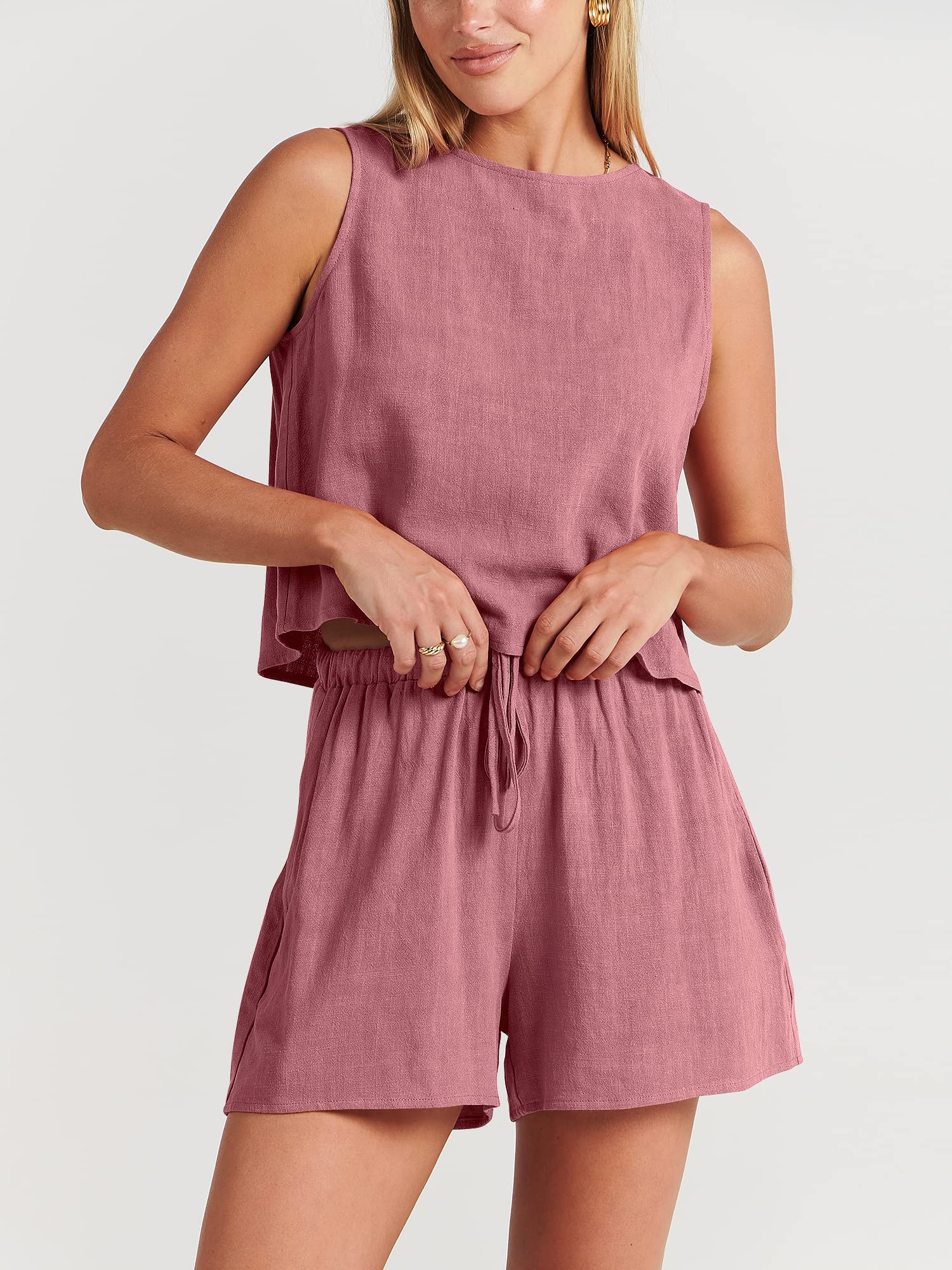 ANRABESS Women’s Summer 2PC Outfits Shorts Sets Sleeveless Crop Top Romper Lounge Matching Set Workout Tracksuit Set Beach Vacation Boho Clothes 806shenfen-L, Pink