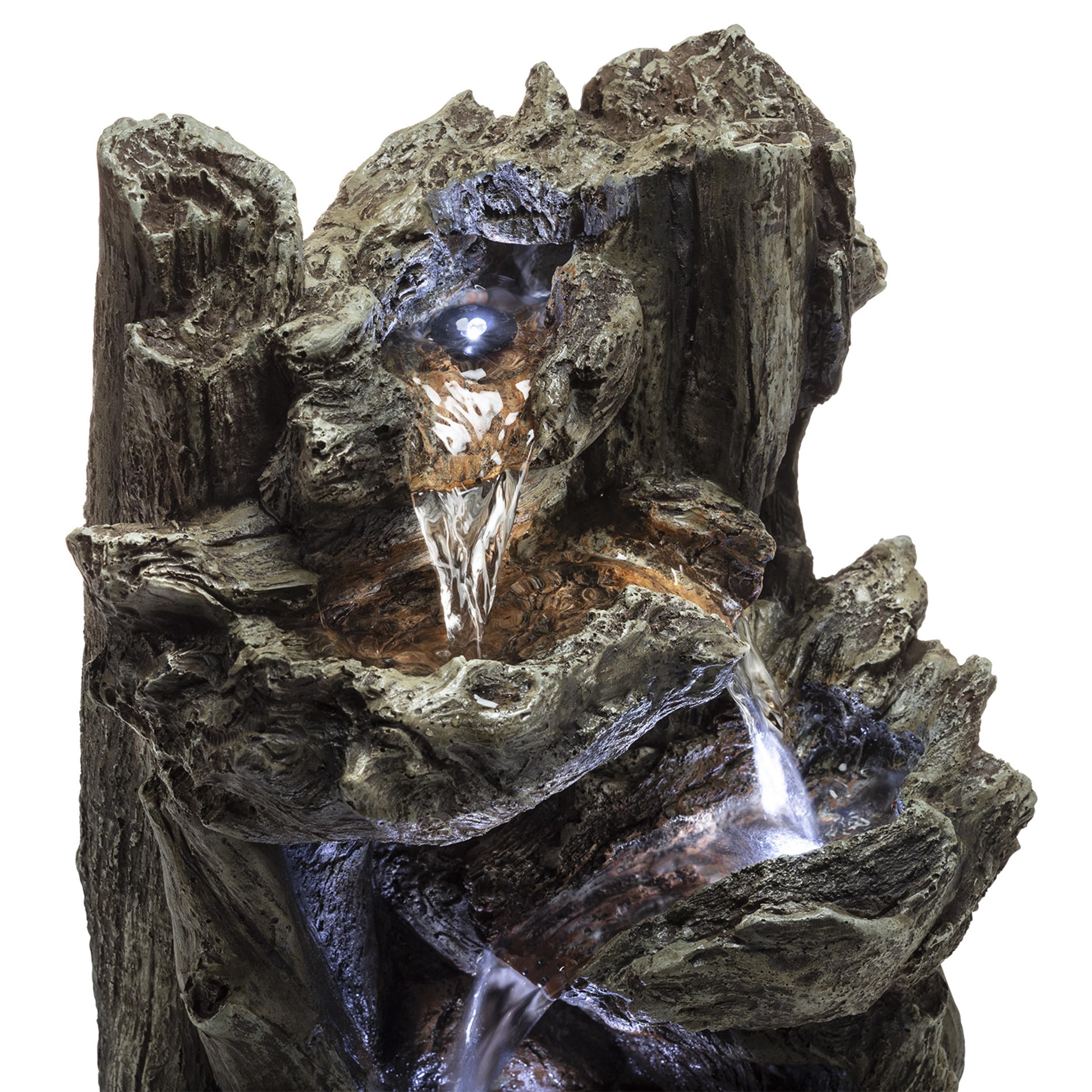 Alpine Corporation 14" Tall Indoor/Outdoor Tiered Log Tabletop Fountain with LED Lights, Beige