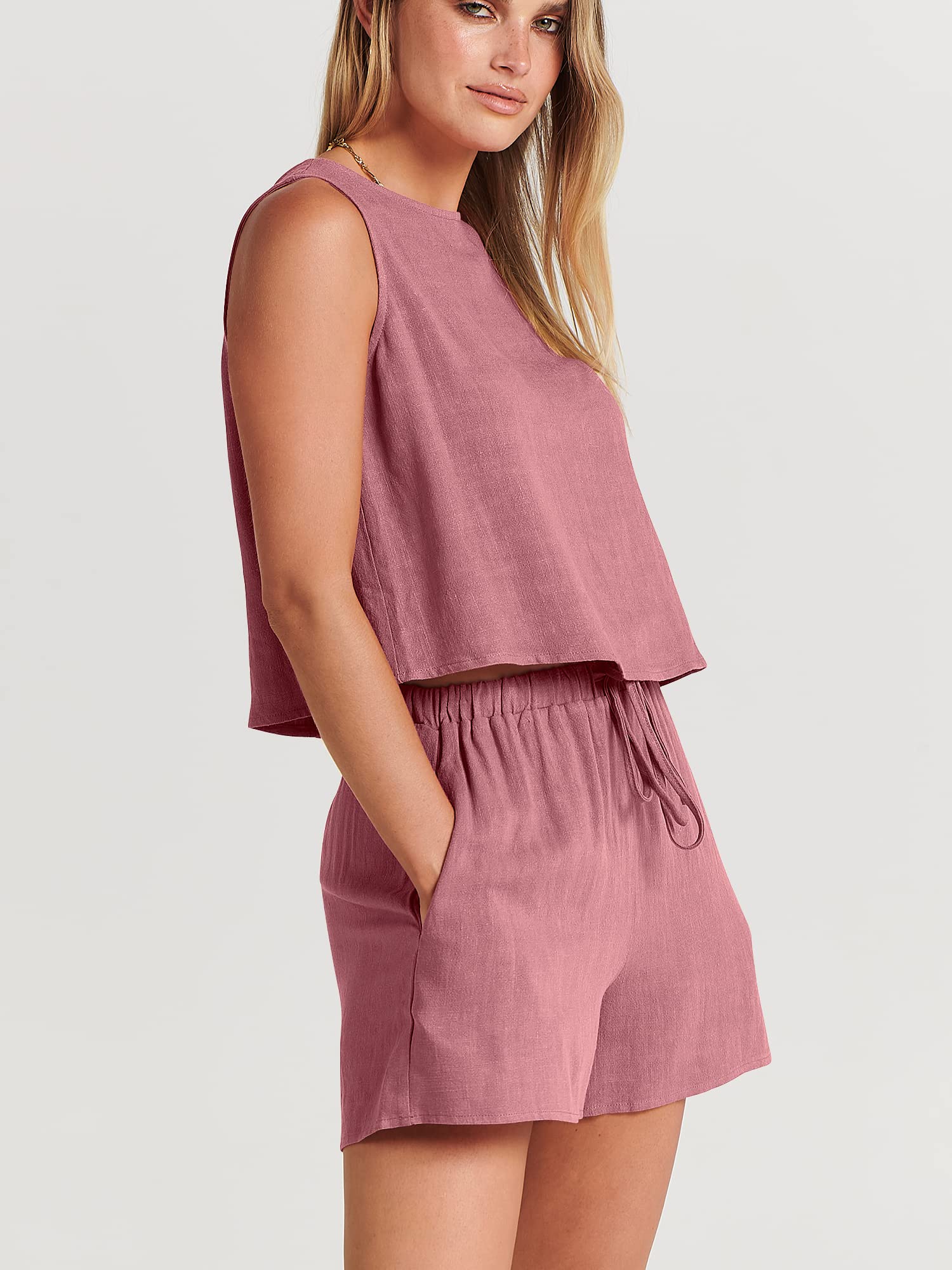 ANRABESS Women’s Summer 2PC Outfits Shorts Sets Sleeveless Crop Top Romper Lounge Matching Set Workout Tracksuit Set Beach Vacation Boho Clothes 806shenfen-L, Pink
