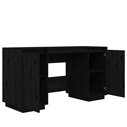vidaXL Solid Wood Pine Desk Home Indoor Bedroom Office Work Station Storage Wooden Standing Writing Computer Study Working Desk Furniture Black