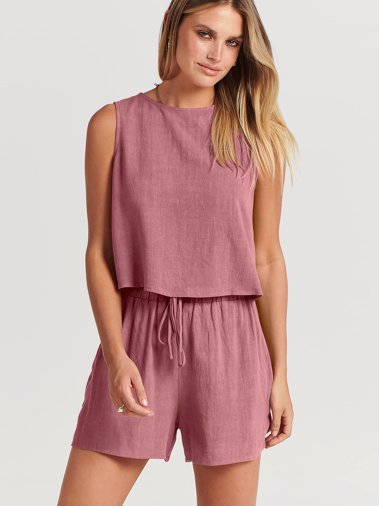 ANRABESS Women’s Summer 2PC Outfits Shorts Sets Sleeveless Crop Top Romper Lounge Matching Set Workout Tracksuit Set Beach Vacation Boho Clothes 806shenfen-L, Pink