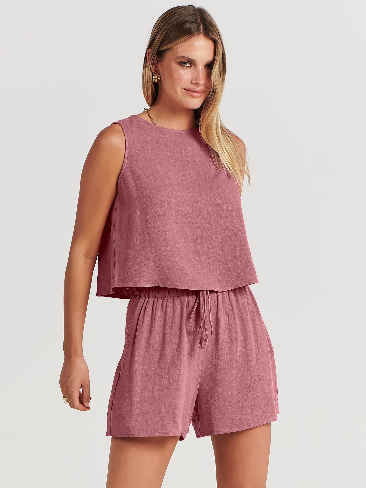 ANRABESS Women’s Summer 2PC Outfits Shorts Sets Sleeveless Crop Top Romper Lounge Matching Set Workout Tracksuit Set Beach Vacation Boho Clothes 806shenfen-L, Pink