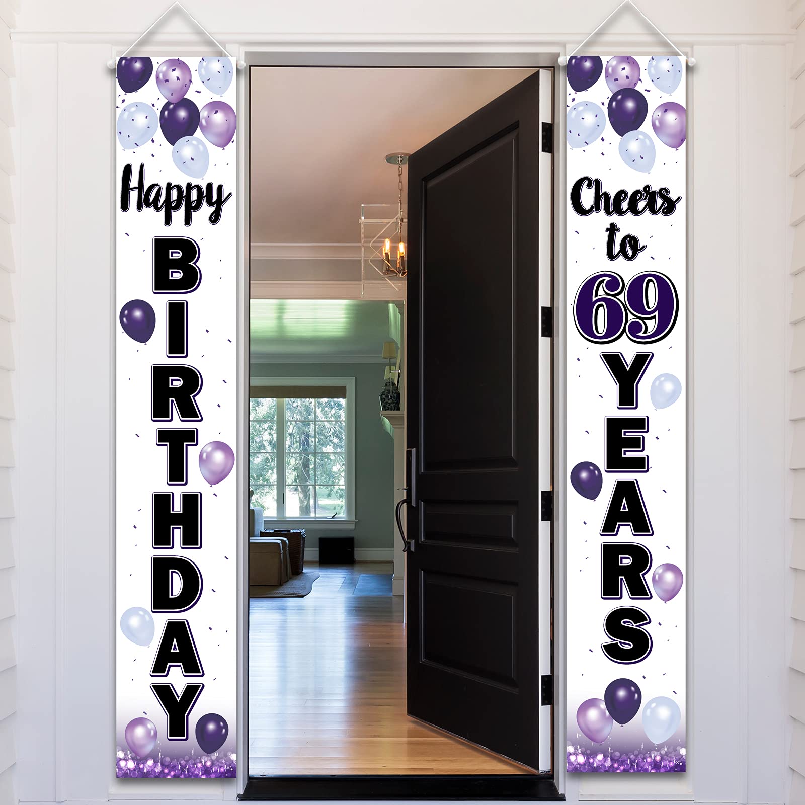LASKYER Happy 69th Birthday Purple Door Banner - Cheers to 69 Years Old Birthday Front Door Porch Sign Backdrop,69th Birthday Party Decorations.