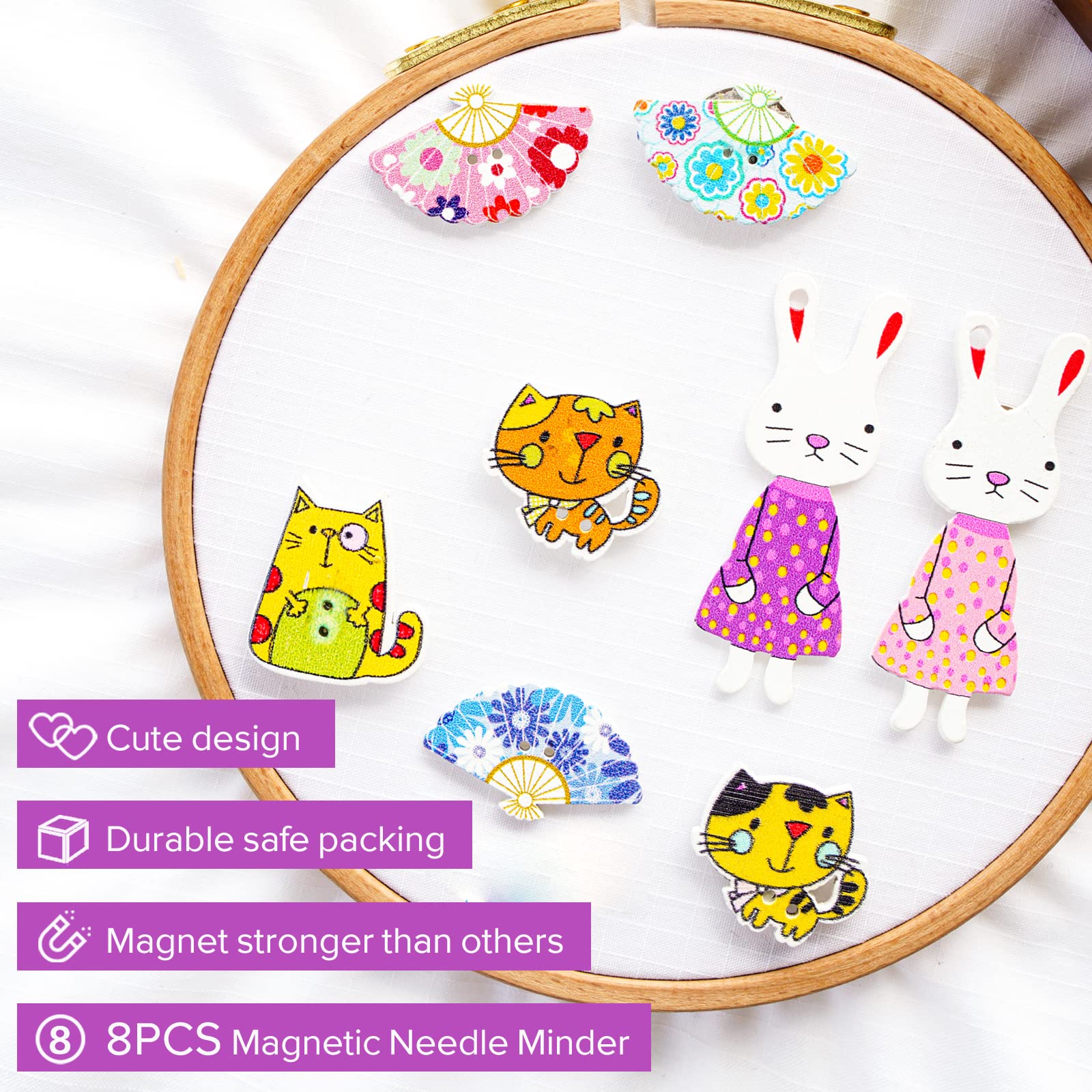 8pcs Needle Minder for Cross Stitch,Sewing Magnetic Needle Keeper,Cute Cat&Rabbit Cartoon Pin,Needle Holder for Embroidery,Needlework Storage Accessory, Gift for Cross Stitch Lover(3-Needle)
