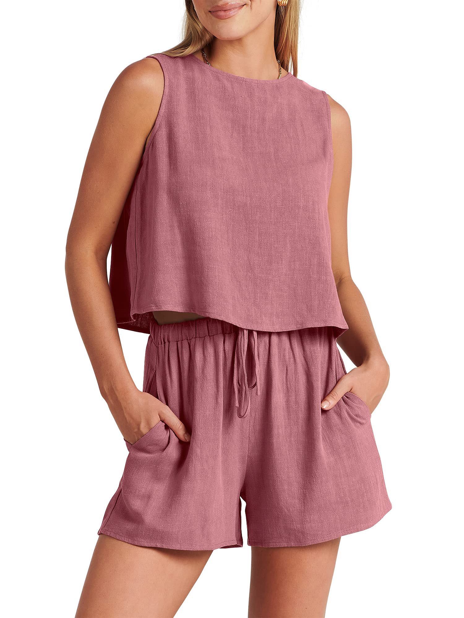 ANRABESS Women’s Summer 2PC Outfits Shorts Sets Sleeveless Crop Top Romper Lounge Matching Set Workout Tracksuit Set Beach Vacation Boho Clothes 806shenfen-L, Pink