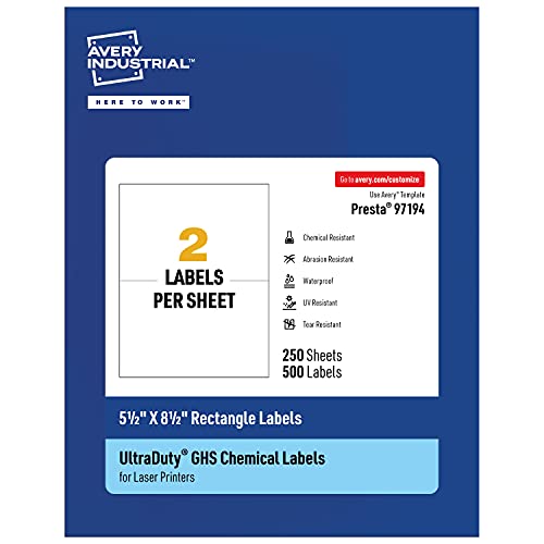 Avery UltraDuty GHS Labels, Waterproof, 5.5 X 8.5 Inch Rectangle Printable Labels, Pack of 500 White Labels for Use with Laser Printers