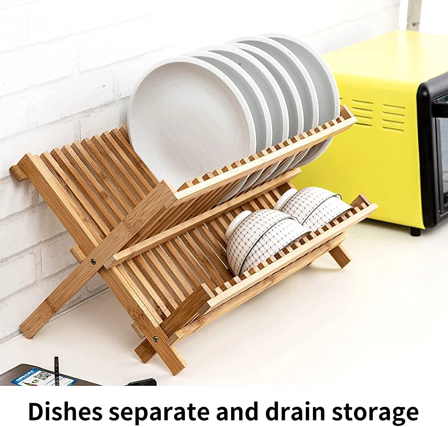 Senich Foldable Bamboo Dish Drying Rack with Utensil Holder, 2-Tier Bamboo Cutlery Plate Rack for Countertop, Wooden Plate Rack, 100% Natural Bamboo, Suitable for Kitchen Counter