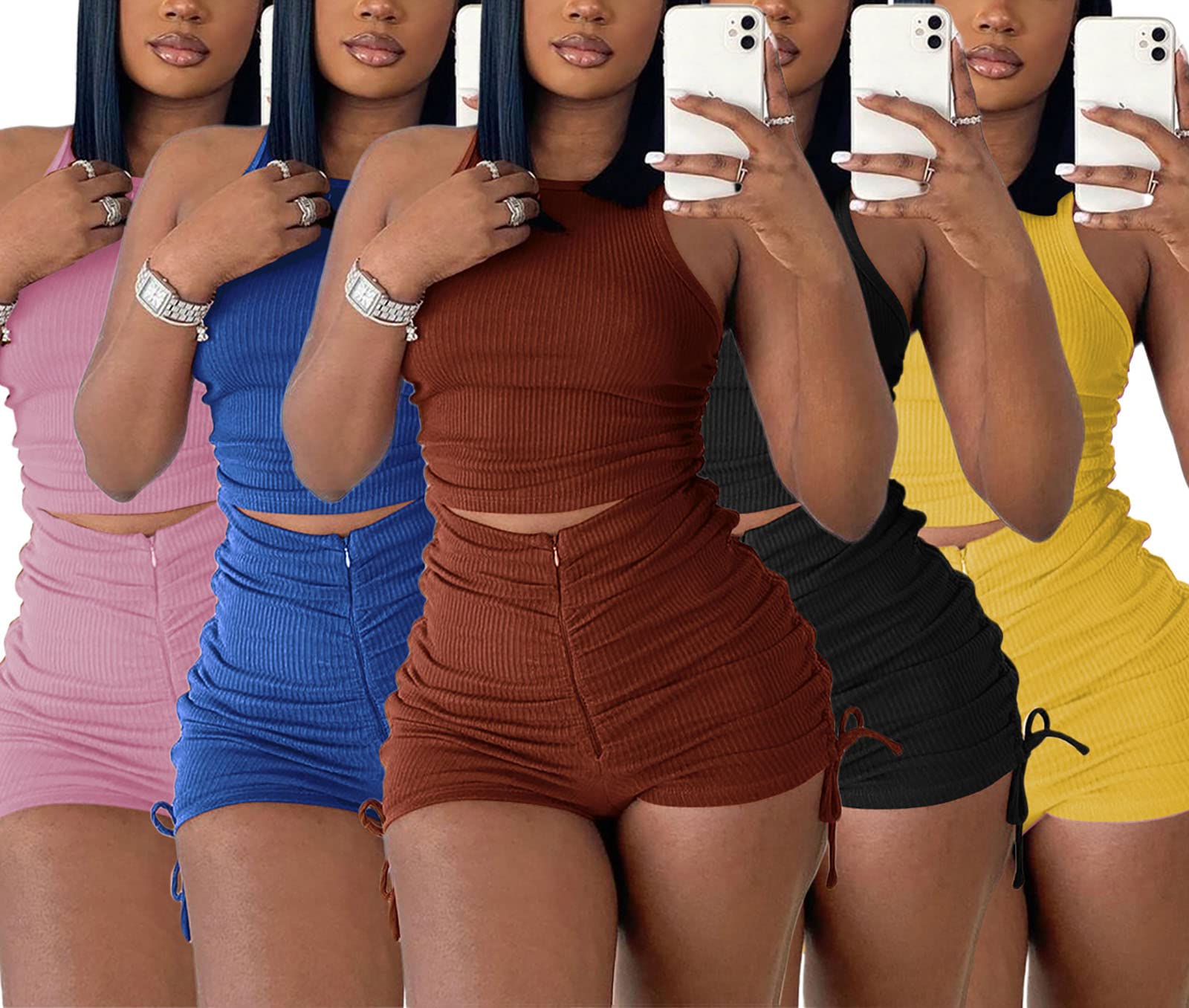 Annystore Women's Sexy 2 Piece Outfits Sleeveless Solid Color Crop Tank Tops Ruched Biker Shorts Set Workout Tracksuits Black XL