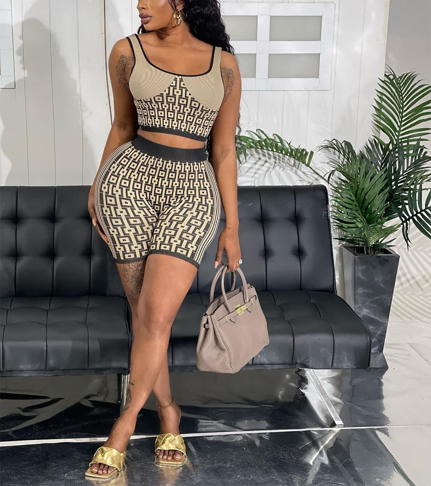 Annystore Women's Sexy 2 Piece Outfits Sleeveless Print Ribbed Tank Crop Top Jogger Biker Workout Shorts Tracksuit Set Brown XL