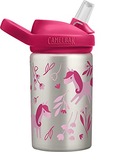 CamelBak Eddy+ Kids Water Bottle, Stainless Steel with Straw Cap, 14 oz, Unicorn & Blooms - Spill-Proof When Open, Leak-Proof When Closed, Model Number: 2305104040