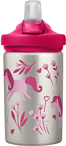 CamelBak Eddy+ Kids Water Bottle, Stainless Steel with Straw Cap, 14 oz, Unicorn & Blooms - Spill-Proof When Open, Leak-Proof When Closed, Model Number: 2305104040