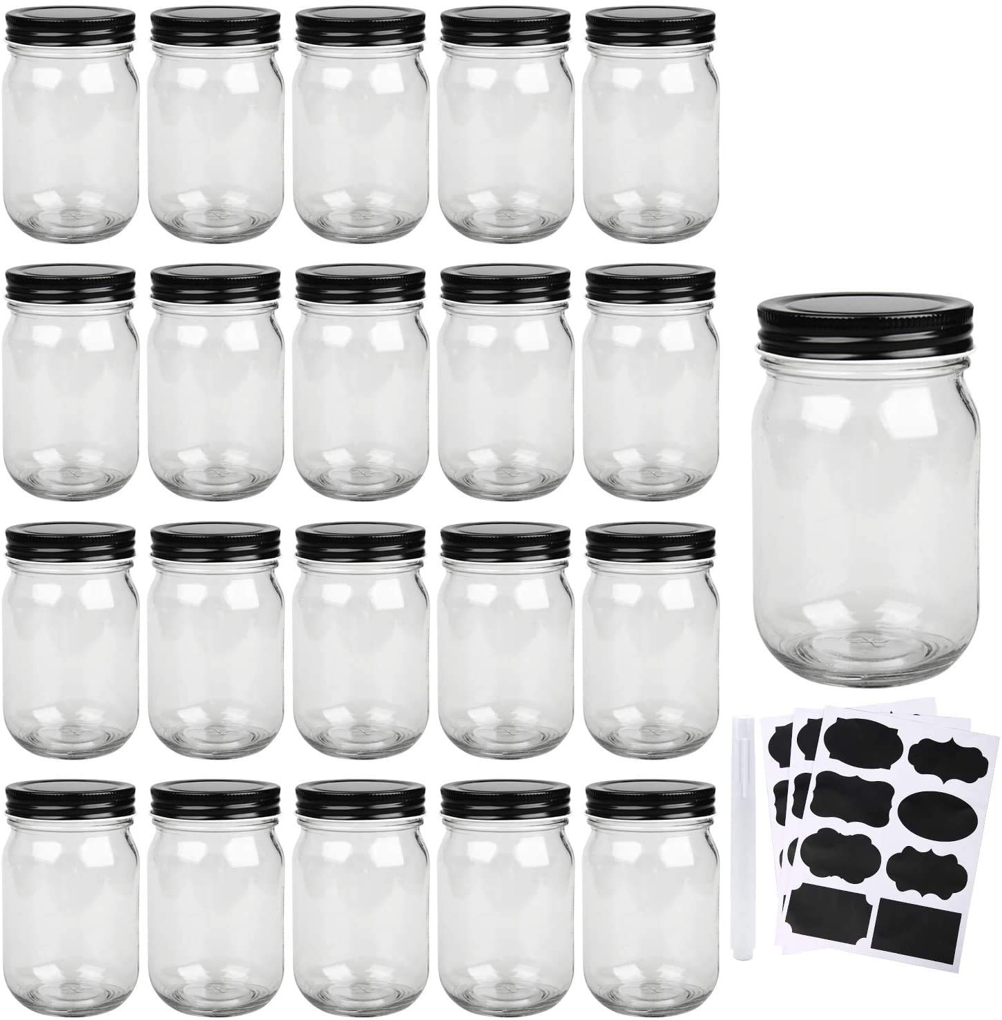 Mason Jars,Glass Jars With Lids 12 oz,Canning Jars For Pickles And Kitchen Storage,Wide Mouth Spice Jars With Black Lids For Honey,Caviar,Herb,Jelly,Jams,Set of 20âŚ