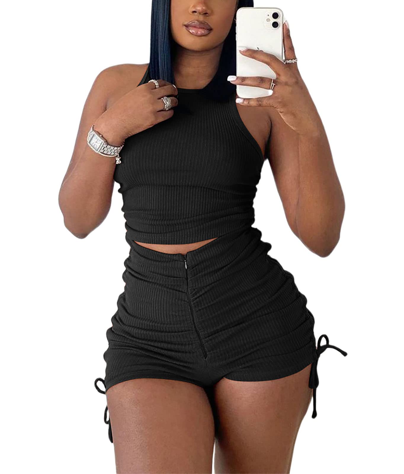 Annystore Women's Sexy 2 Piece Outfits Sleeveless Solid Color Crop Tank Tops Ruched Biker Shorts Set Workout Tracksuits Black XL