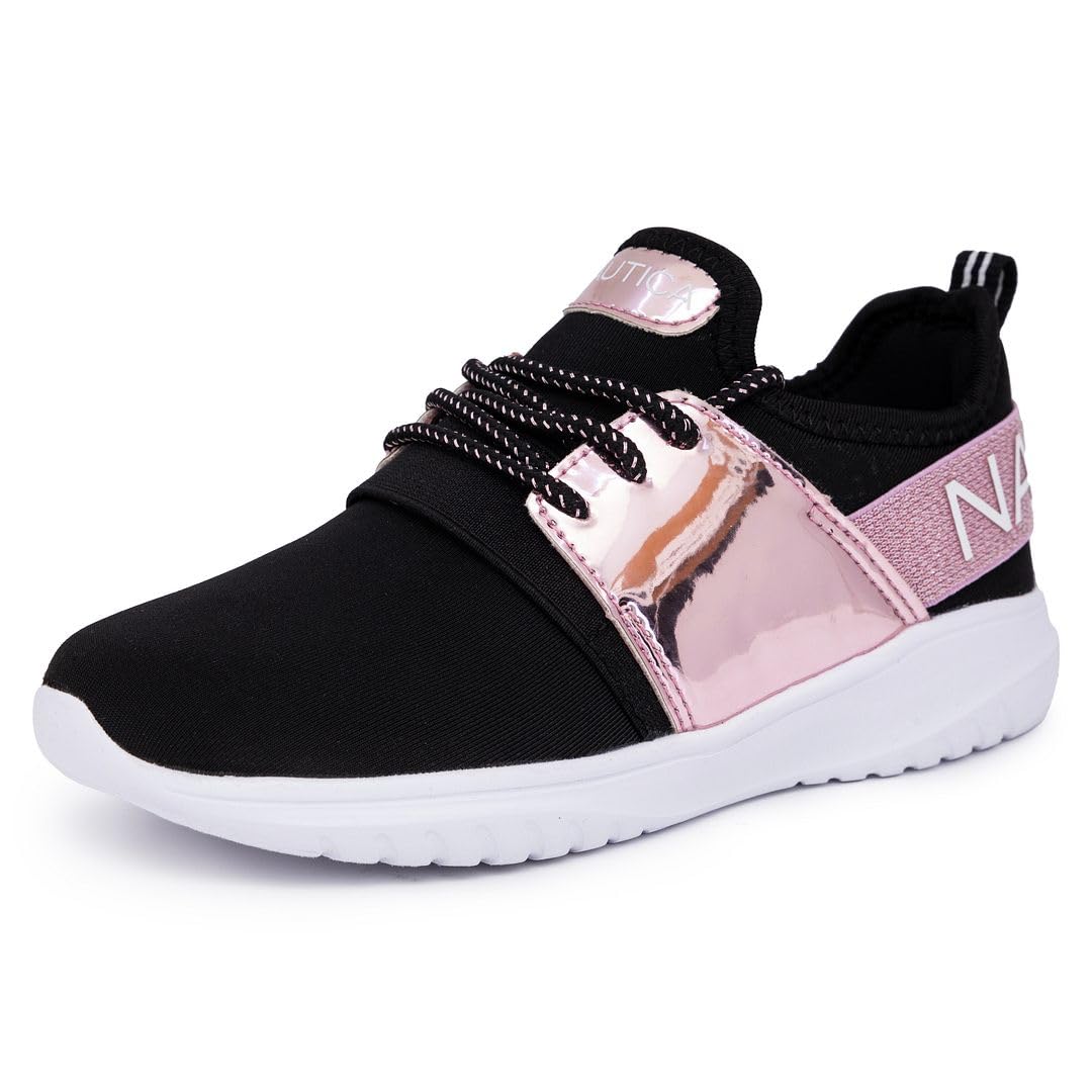Nautica Youth Girls Athletic Fashion Lace Up Tennis Sneakers-Kappil Metallic-Pink Metallic Black Size-2