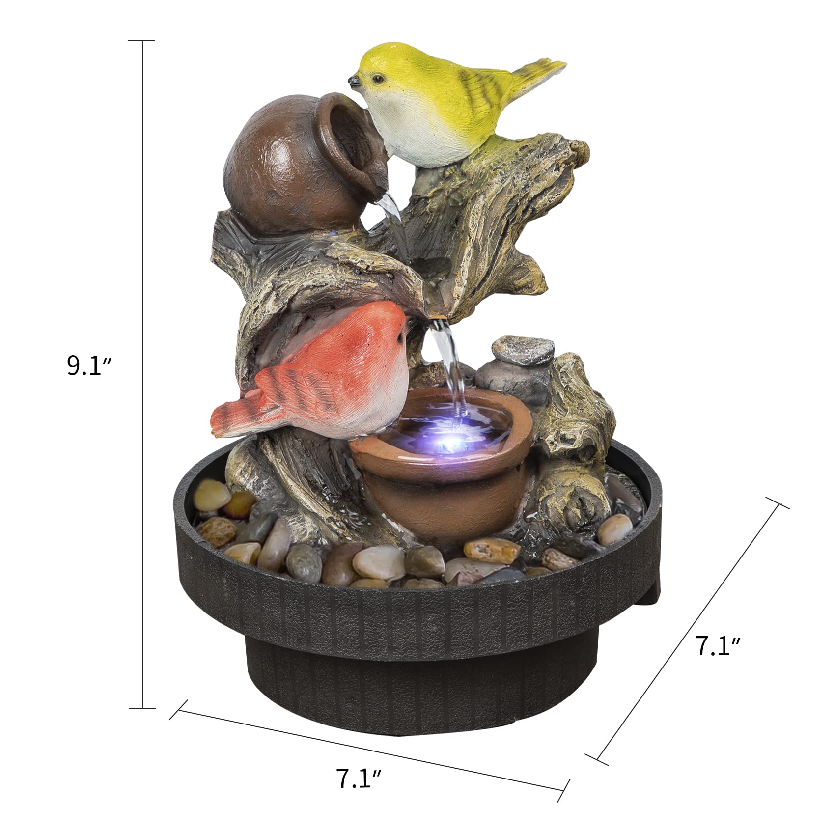 Ferrisland Tabletop Fountain Birds Waterfall Desktop Electric Water Fountain Decor w/LED - Indoor Outdoor Portable Tabletop Decorative Zen Meditation Waterfall Kit Includes Submersible Pump