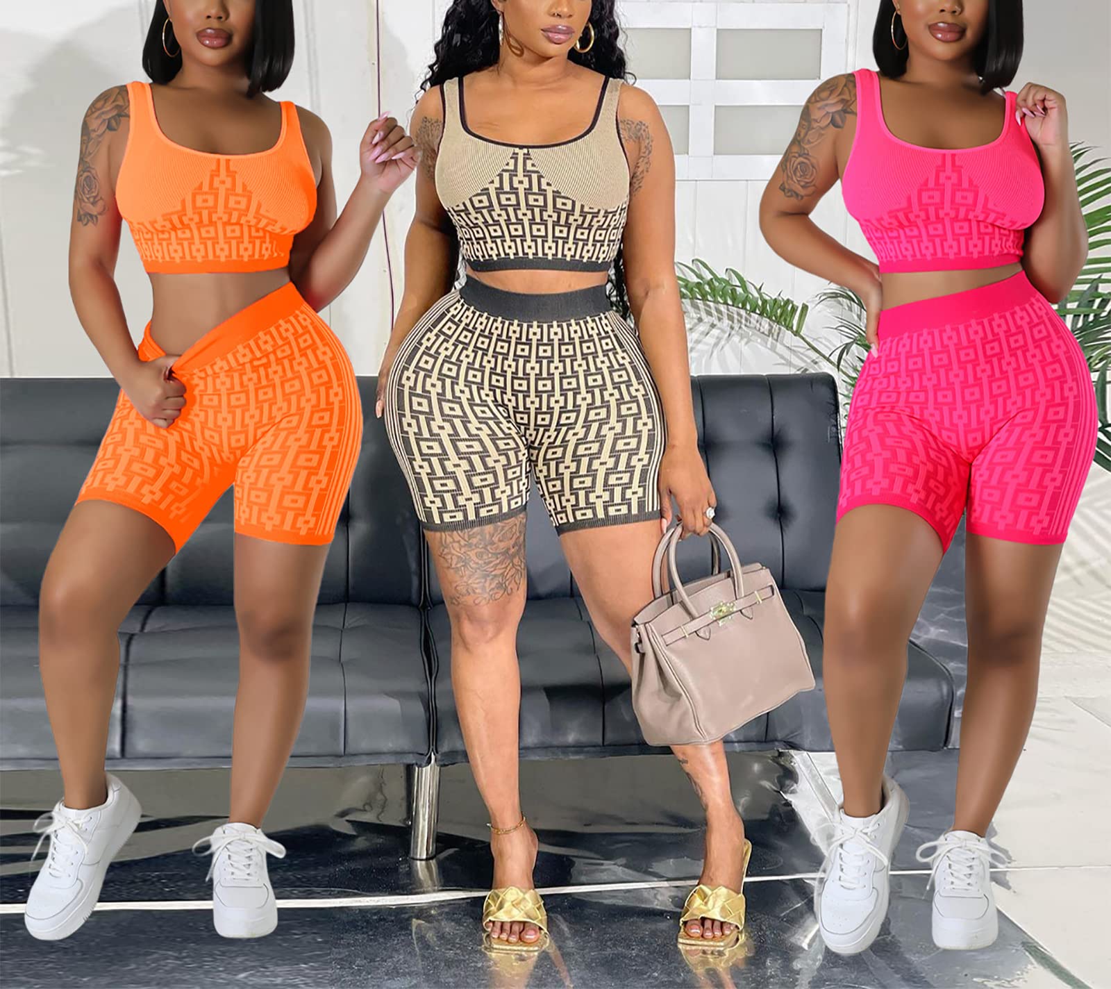 Annystore Women's Sexy 2 Piece Outfits Sleeveless Print Ribbed Tank Crop Top Jogger Biker Workout Shorts Tracksuit Set Brown XL