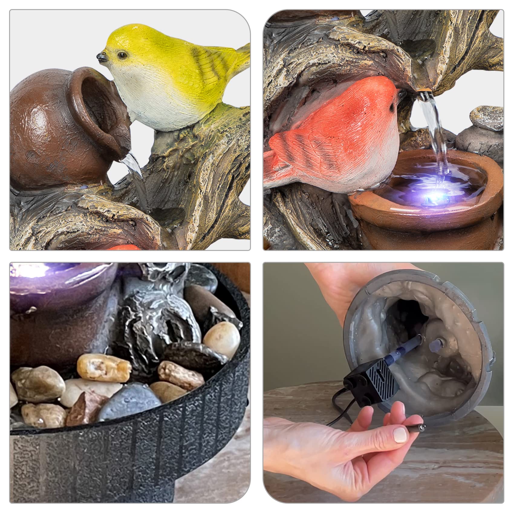 Ferrisland Tabletop Fountain Birds Waterfall Desktop Electric Water Fountain Decor w/LED - Indoor Outdoor Portable Tabletop Decorative Zen Meditation Waterfall Kit Includes Submersible Pump