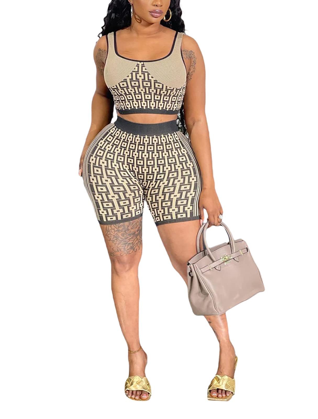Annystore Women's Sexy 2 Piece Outfits Sleeveless Print Ribbed Tank Crop Top Jogger Biker Workout Shorts Tracksuit Set Brown XL