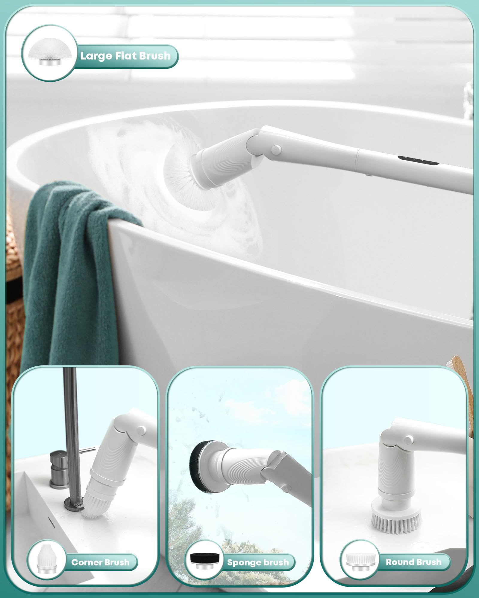 Electric Spin Scrubber, TRAJADA Shower Cleaning Brush with 5 Replacement Heads,3 Adjustable Angle Shower Scrubber,Cordless Power Scrub with Extension Handle for Cleaning Bathtub Grout Tile Floor