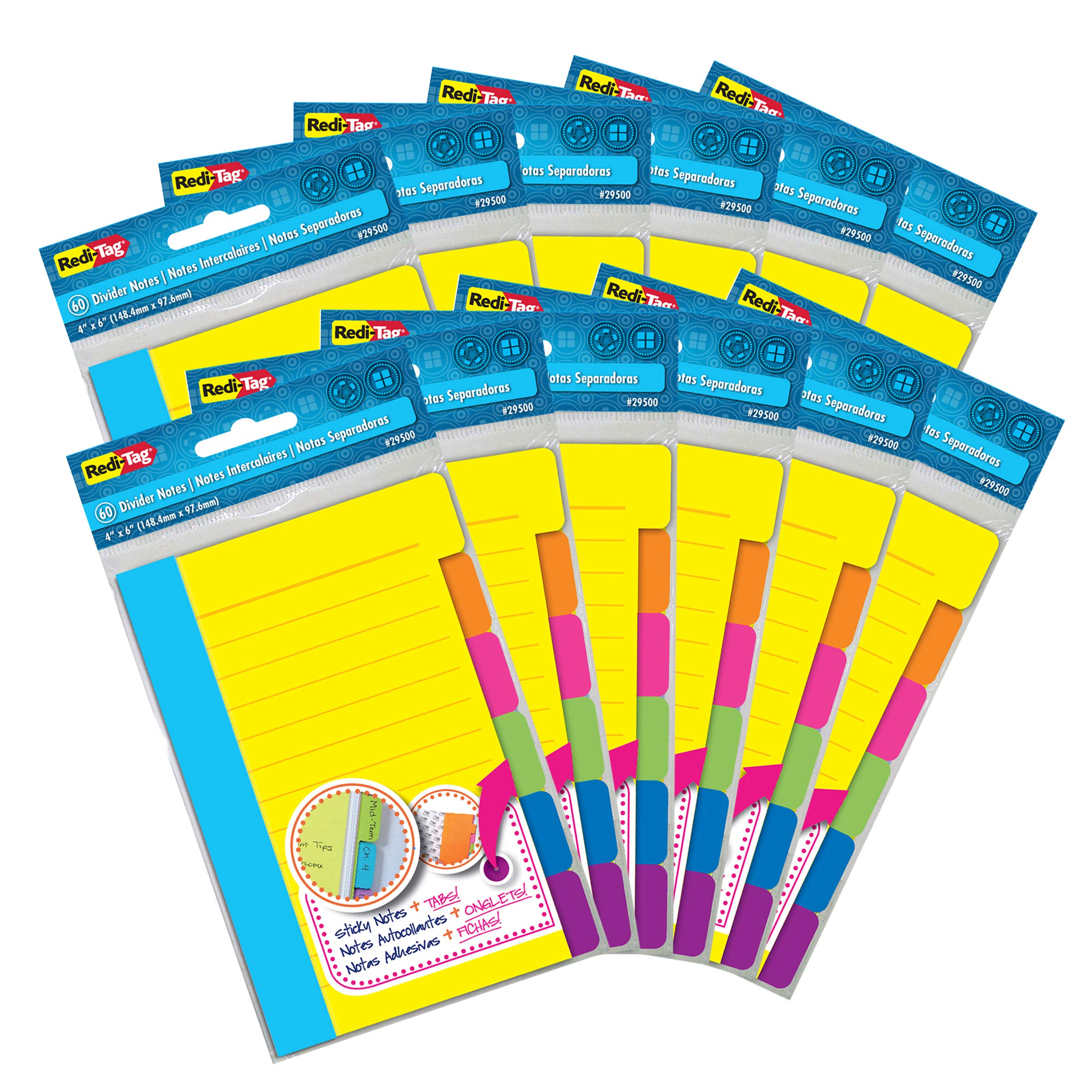 Redi-Tag Divider Sticky Notes, Tabbed Self-Stick Lined Notepads, 720 Ruled Notes, 4" x 6", 12 Books Per Pack, Assorted Colors (B29512)