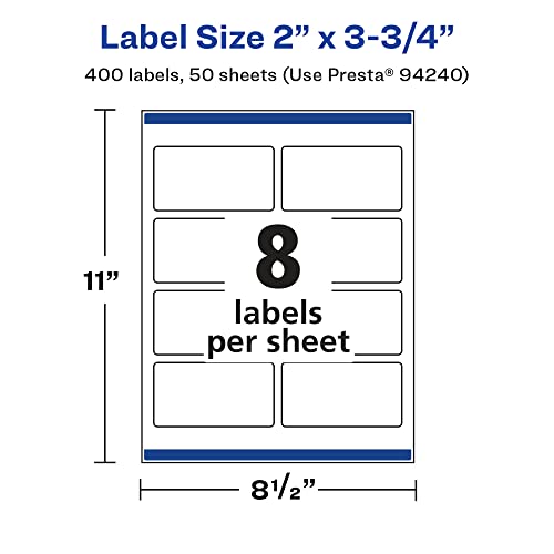 Avery Glossy White Rectangle Labels with Sure Feed, 2" x 3.75", 400 Glossy White Labels, Print-to-The-Edge, Permanent Label Adhesive, Laser/Inkjet Printable Labels