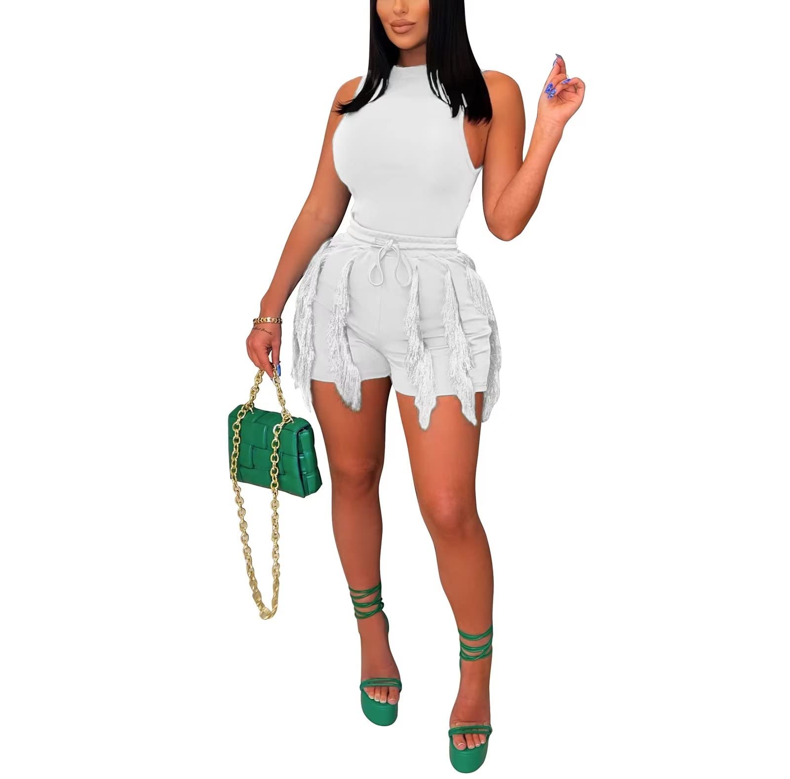 Track Suits for Women Set 2 Piece - Summer Sleeveless Tank Tops High Waisted Fringe Tassel Biker Shorts Sweatsuits Sets Streetwear Beach Vacation Outfits White, XL