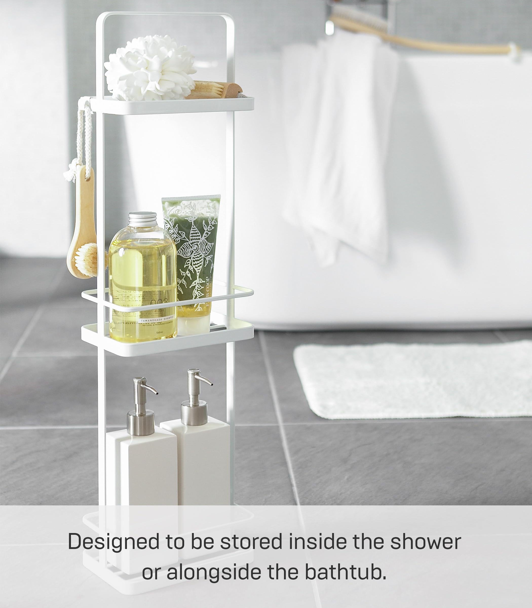 Yamazaki Home Wire Standing Bath Shelf Baskets | Steel | Tall | Shower Caddy, White