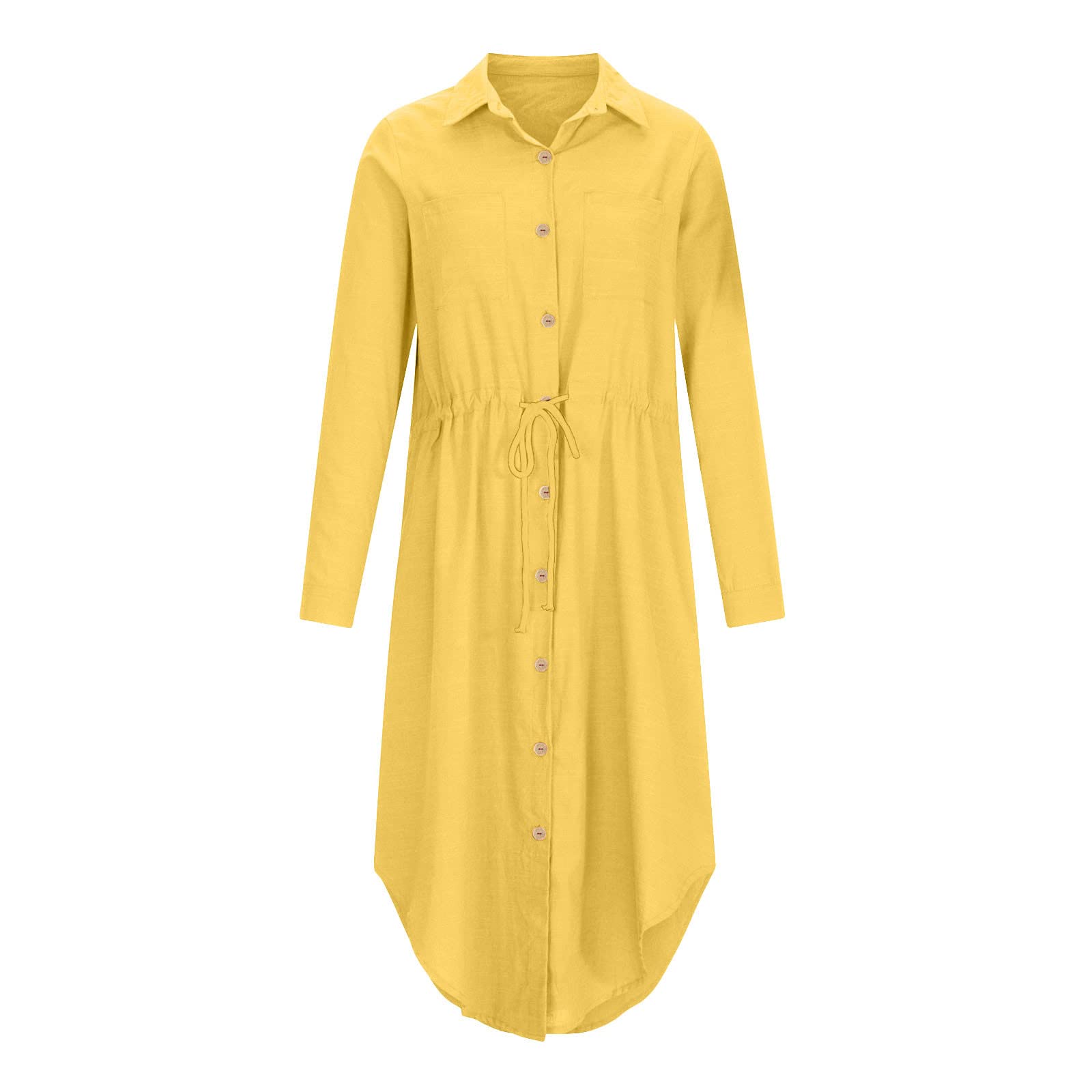 Ceboyel Linen Shirt Dresses for Women Button Down Drawstring Causal Dress Plain Long Maxi Dresses Trendy Ladies Outfits 2023 Plus Size Summer Dresses Yellow L