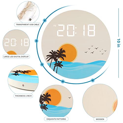 DMDMBSR USB Plug in Digital Wall Clock, Sunset Ocean Wave Design, 12/24Hr Wall Mounted Digital Clock, LED Wooden Silent Wall Clock for Living Room Bedroom Classroom Office (10In Off White)