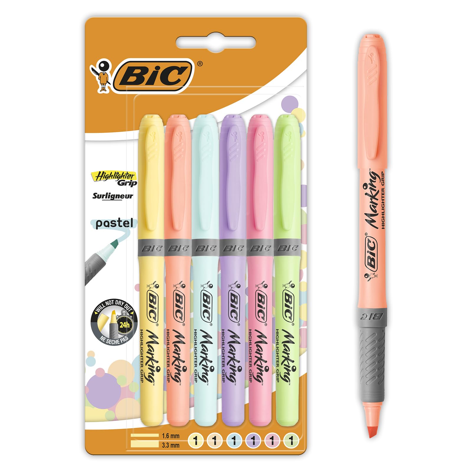 BIC Highlighter Grip Pastel, Highlighter Pens with Adjustable Chisel Tip, Rubber Grip for Extra Comfort, Assorted Colours, Pack of 6