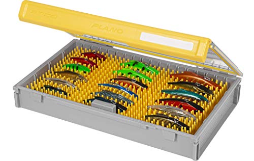 Plano EDGE Flex Crankbait 3700 Premium Utility Box, Gray and Yellow with Clear Lid, Waterproof Tackle Box Storage for Small Crankbaits, Buzzbaits and Swimbaits