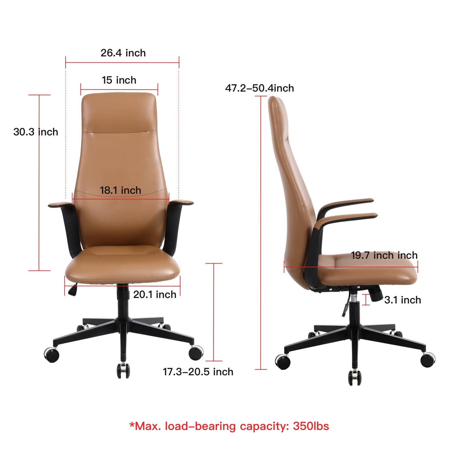 TUOFU Office Chair, Adjustable Height PU Leather Home Office Executive Chair, High-Back Modern Computer Desk Chair with Rolling Casters (Brown)