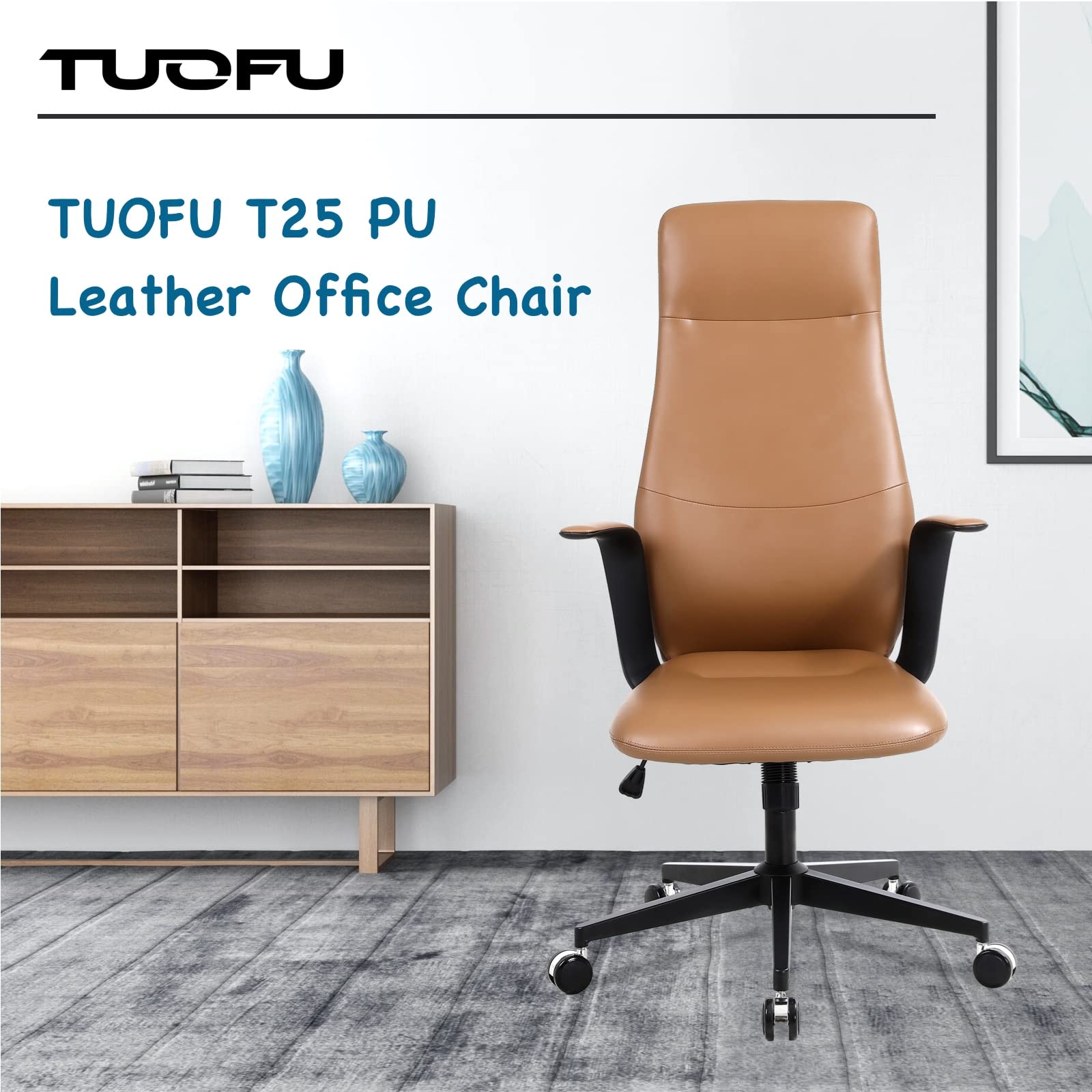 TUOFU Office Chair, Adjustable Height PU Leather Home Office Executive Chair, High-Back Modern Computer Desk Chair with Rolling Casters (Brown)