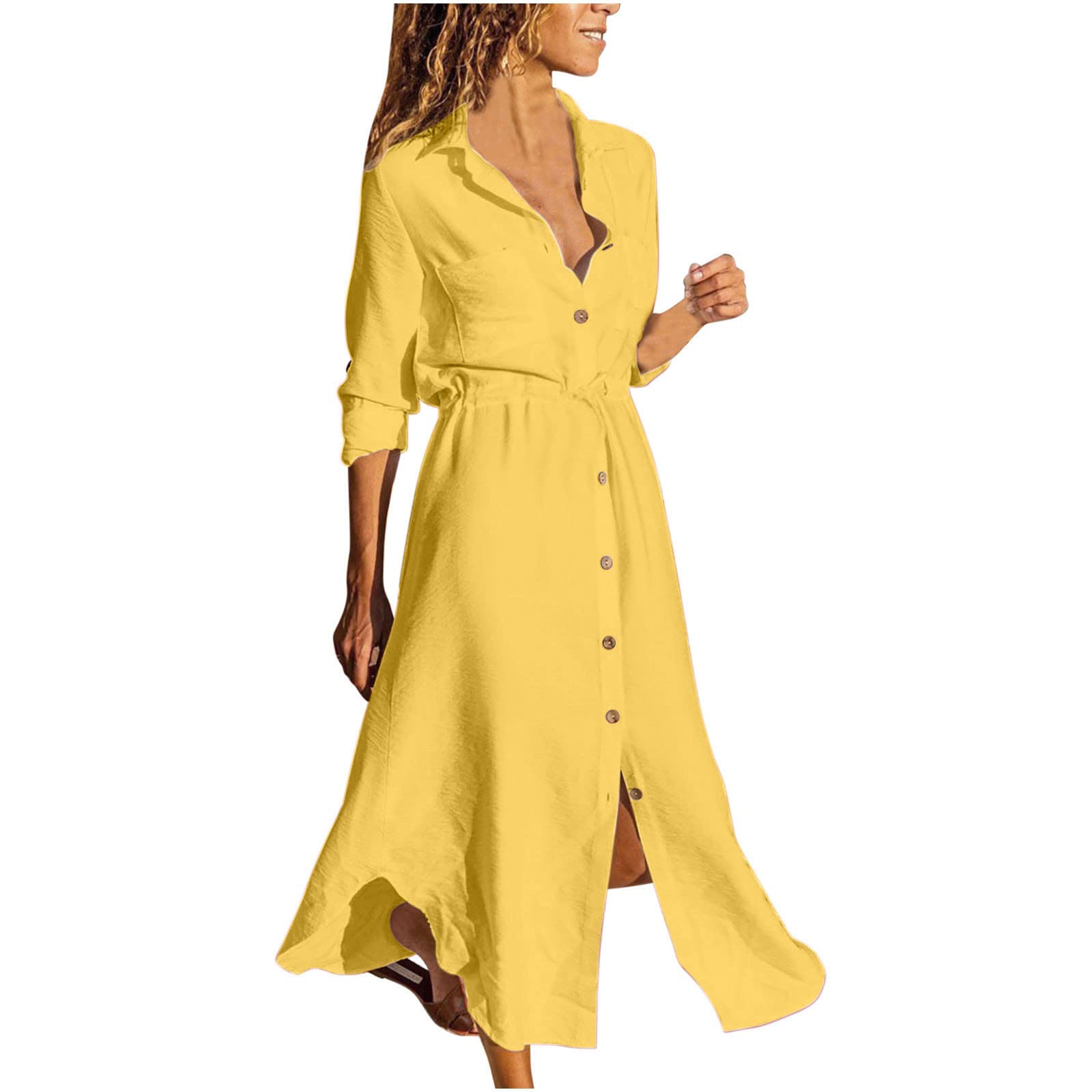 Ceboyel Linen Shirt Dresses for Women Button Down Drawstring Causal Dress Plain Long Maxi Dresses Trendy Ladies Outfits 2023 Plus Size Summer Dresses Yellow L
