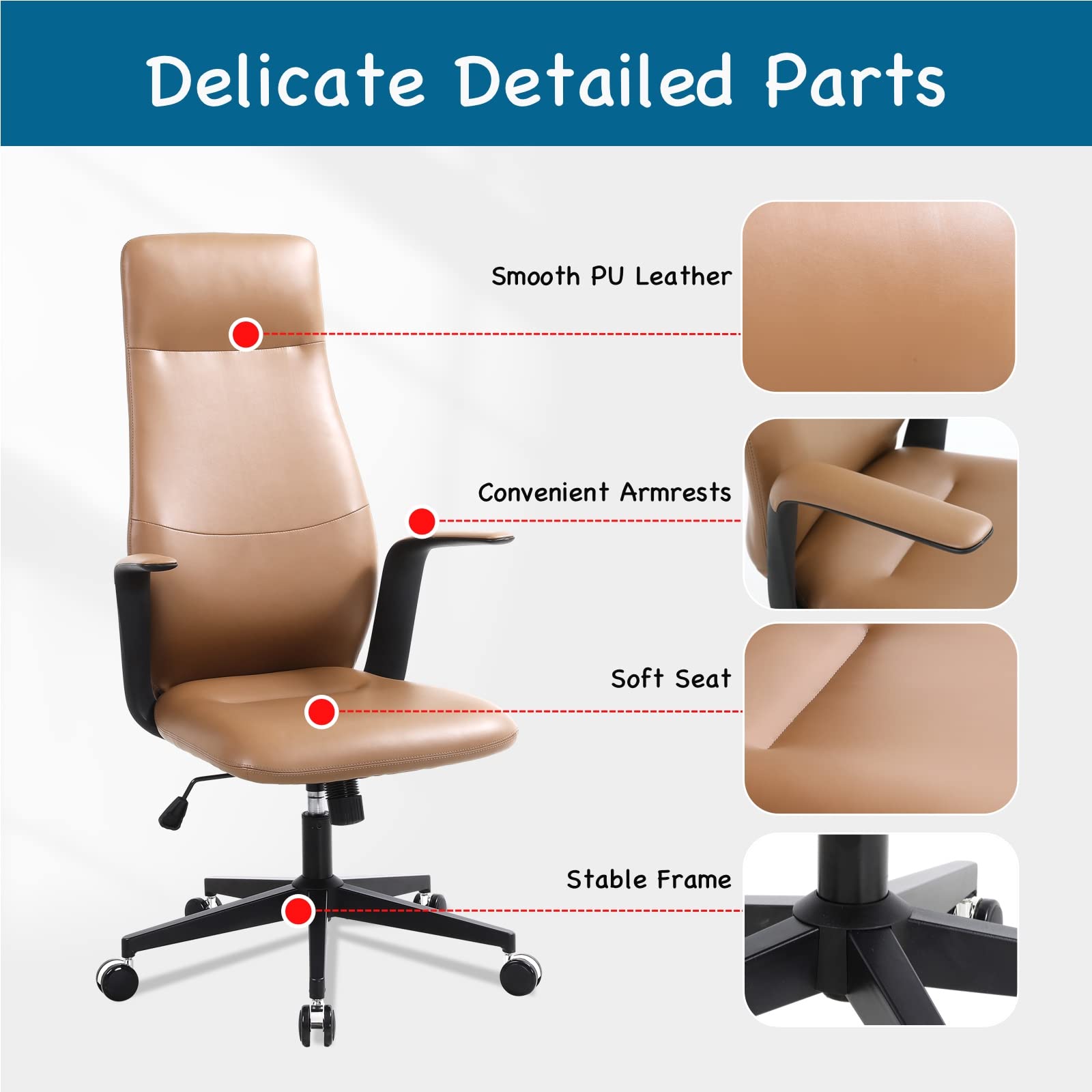 TUOFU Office Chair, Adjustable Height PU Leather Home Office Executive Chair, High-Back Modern Computer Desk Chair with Rolling Casters (Brown)