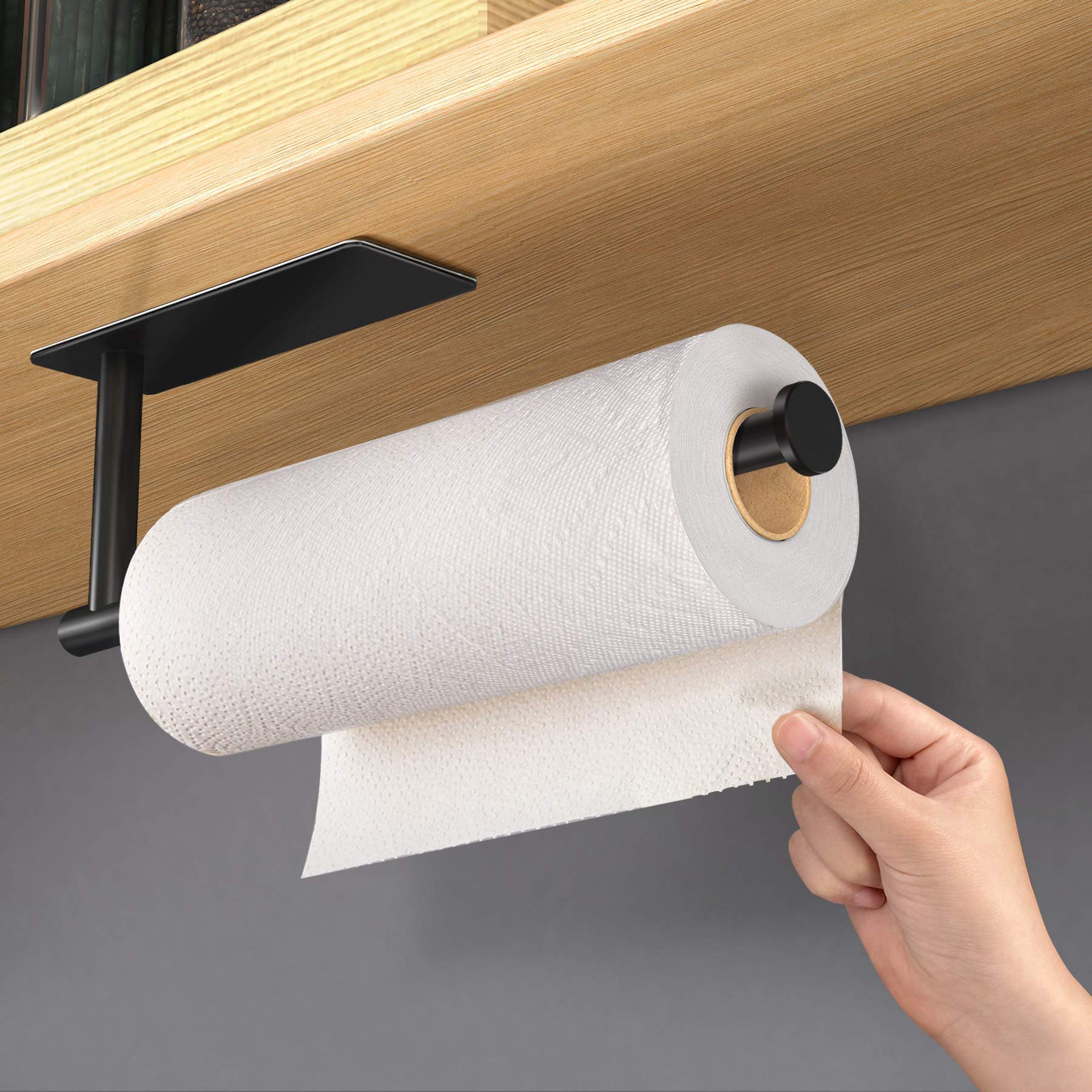 TOFIIGREM Paper Towel Holder with Adhesive Under Cabinet Mount- No Drilling Towel Bar Holder Wall Mount Sticky Paper Towel Rack Stick on Wall for Home Kitchen, Stainless Steel Black