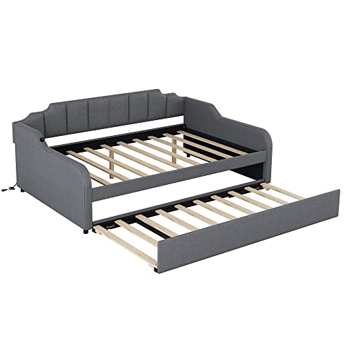 Upholstered Daybed with Pop Up Trundle, Full Size Daybed with Trundle and USB Charging Design, Trundle can be Flat or Erected, Extendable Daybed Frame for Kids Teens (Grey,Full)