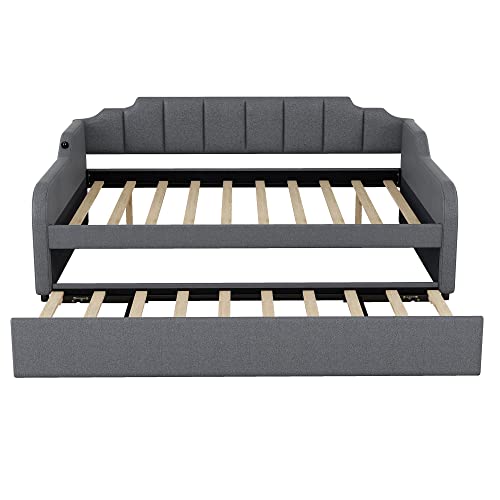 Upholstered Daybed with Pop Up Trundle, Full Size Daybed with Trundle and USB Charging Design, Trundle can be Flat or Erected, Extendable Daybed Frame for Kids Teens (Grey,Full)