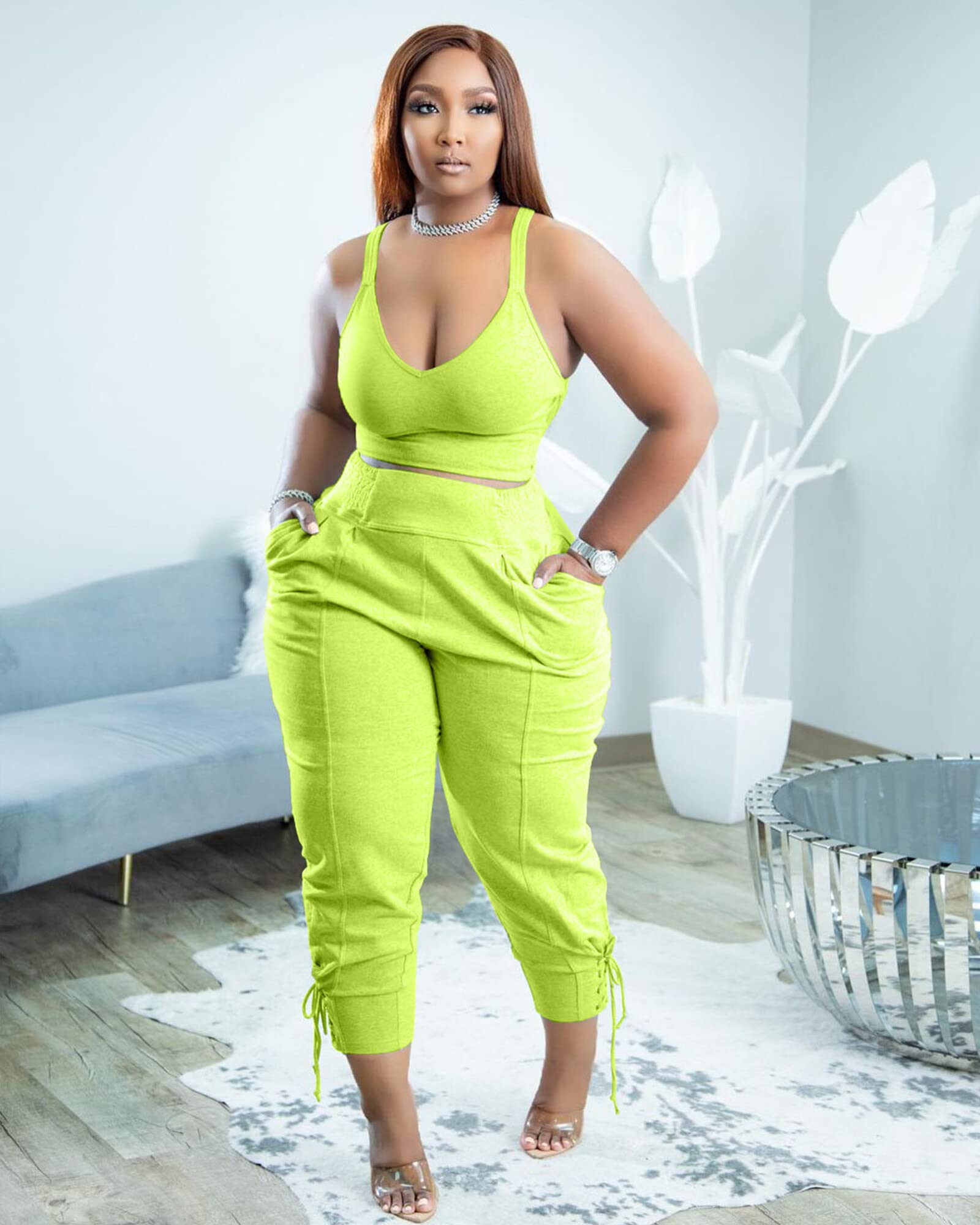 Doweha Sexy Two Piece Outfits for Women Summer Joggers Crop Tank top Sweatsuits Biker Short Set Matching Sets Workout Tracksuit Jumpsuit Neon Green XL