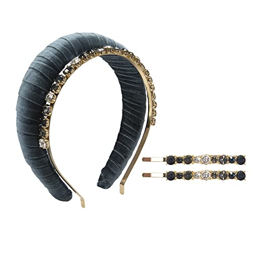 Black Diamond Hair Clips and Accessories (Beaded Headband) (BLUE VELVET & STONE 4 PIECE)