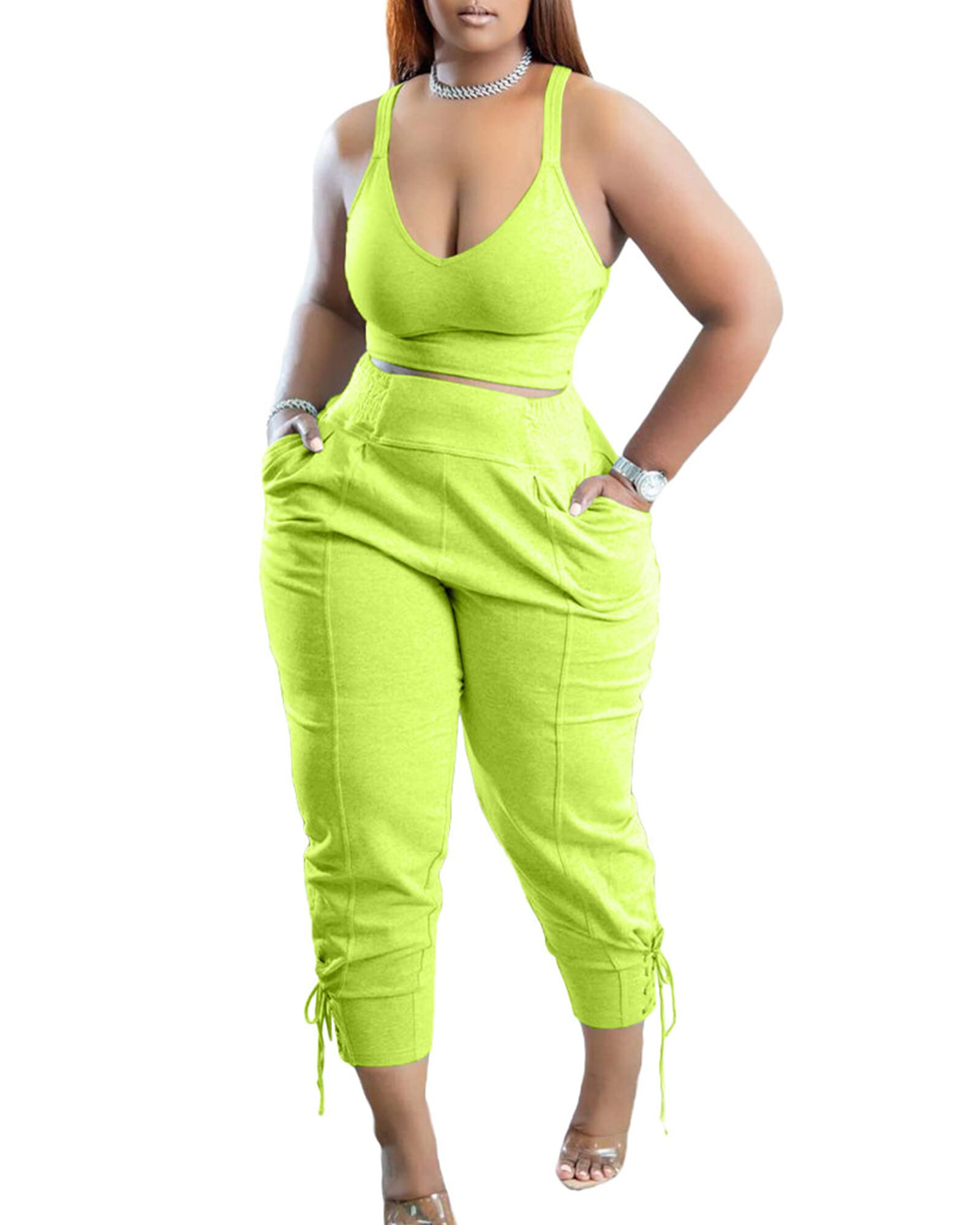 Doweha Sexy Two Piece Outfits for Women Summer Joggers Crop Tank top Sweatsuits Biker Short Set Matching Sets Workout Tracksuit Jumpsuit Neon Green XL