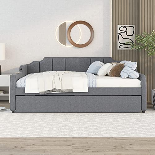 Upholstered Daybed with Pop Up Trundle, Full Size Daybed with Trundle and USB Charging Design, Trundle can be Flat or Erected, Extendable Daybed Frame for Kids Teens (Grey,Full)